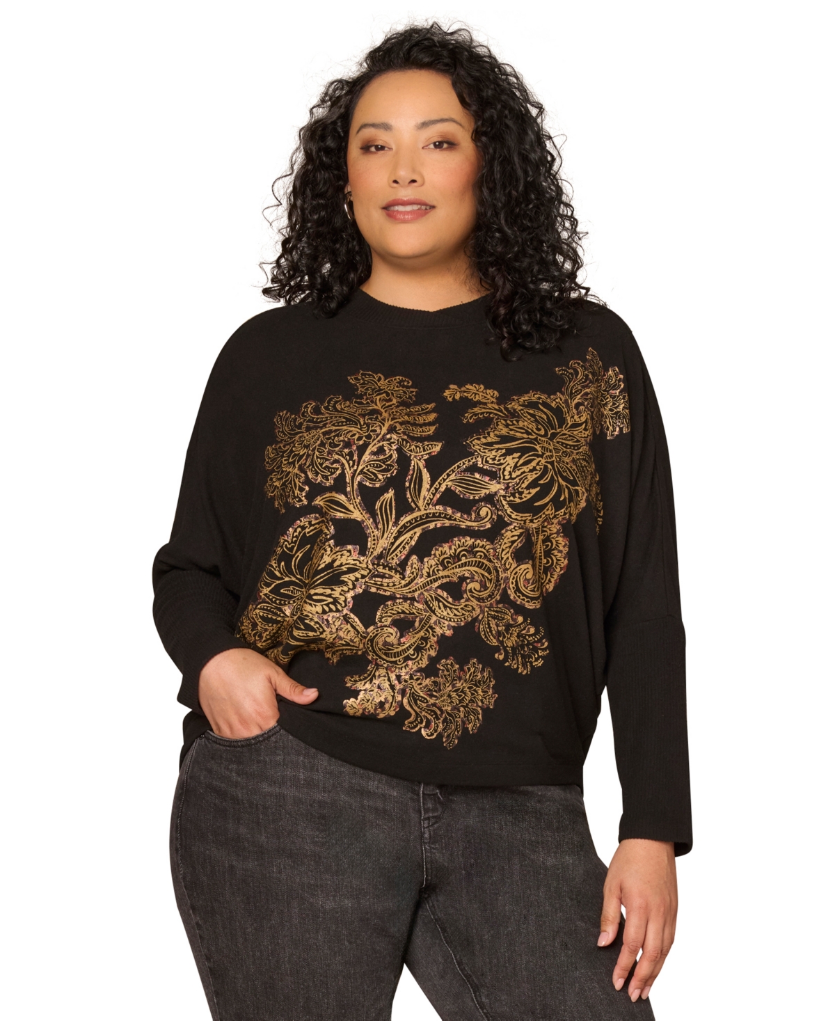 Click here for Democracy Plus Size Foil Detail Batwing Long-Sleev... prices