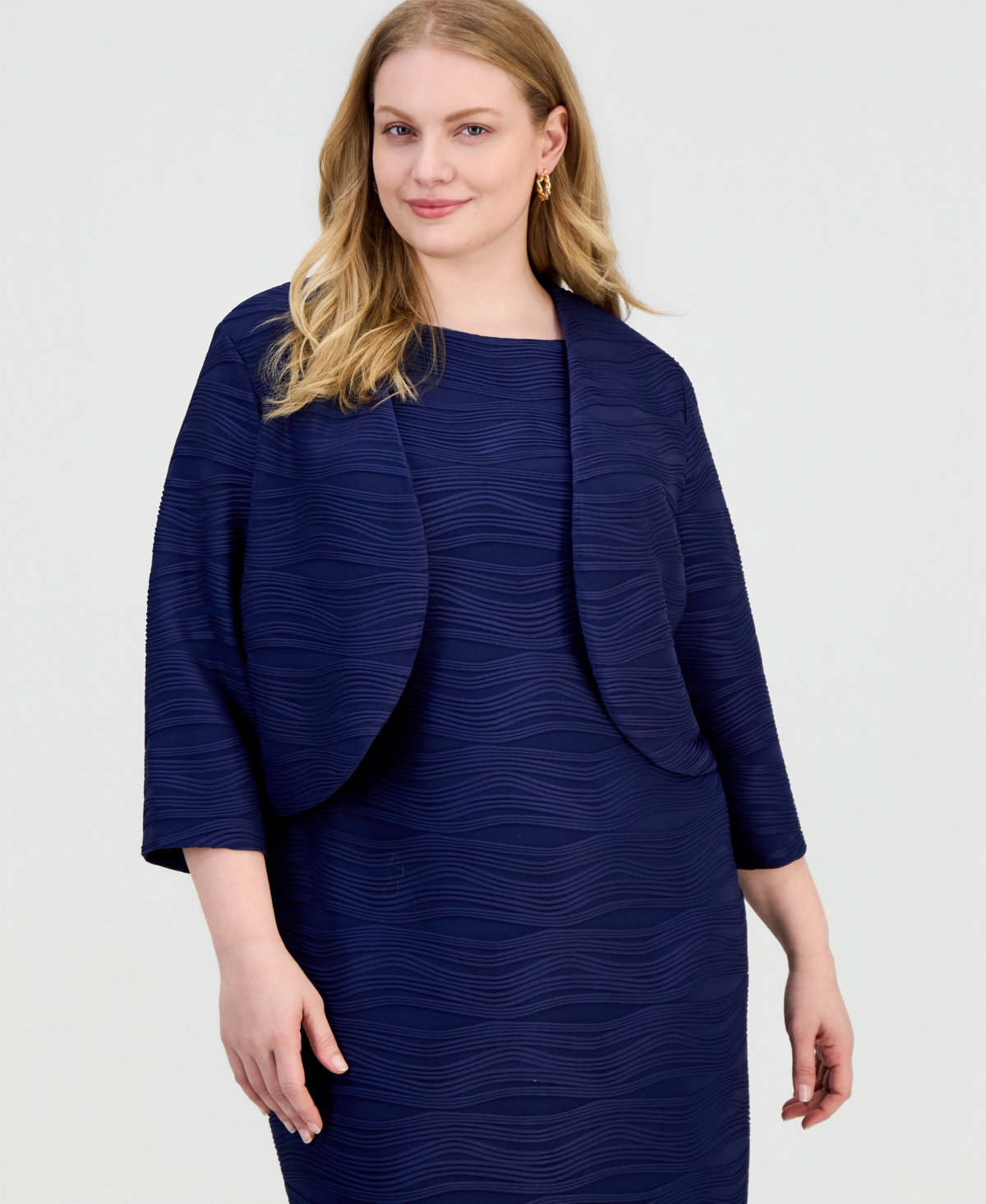 Click here for Kasper Plus Size Wave Rib Shrug - Kasper Navy prices