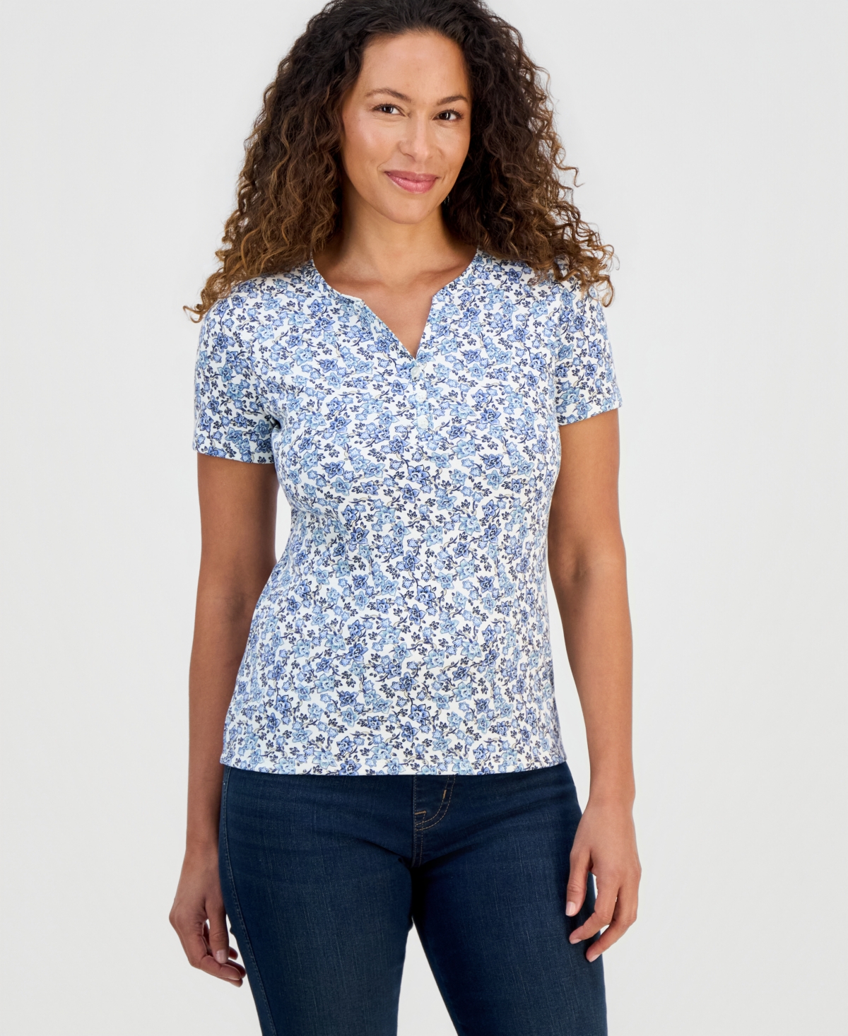 Click here for Style & Co Petite Ditsy-Print Henley Top  Macys Ex... prices