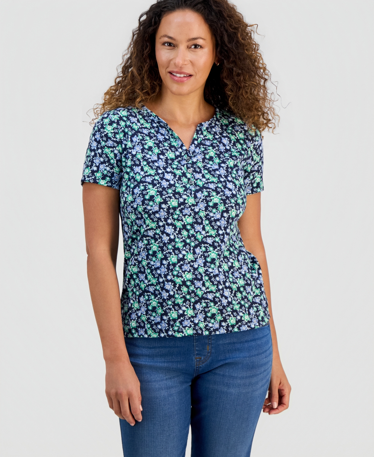 Click here for Style & Co Petite Ditsy-Print Henley Top  Macys Ex... prices