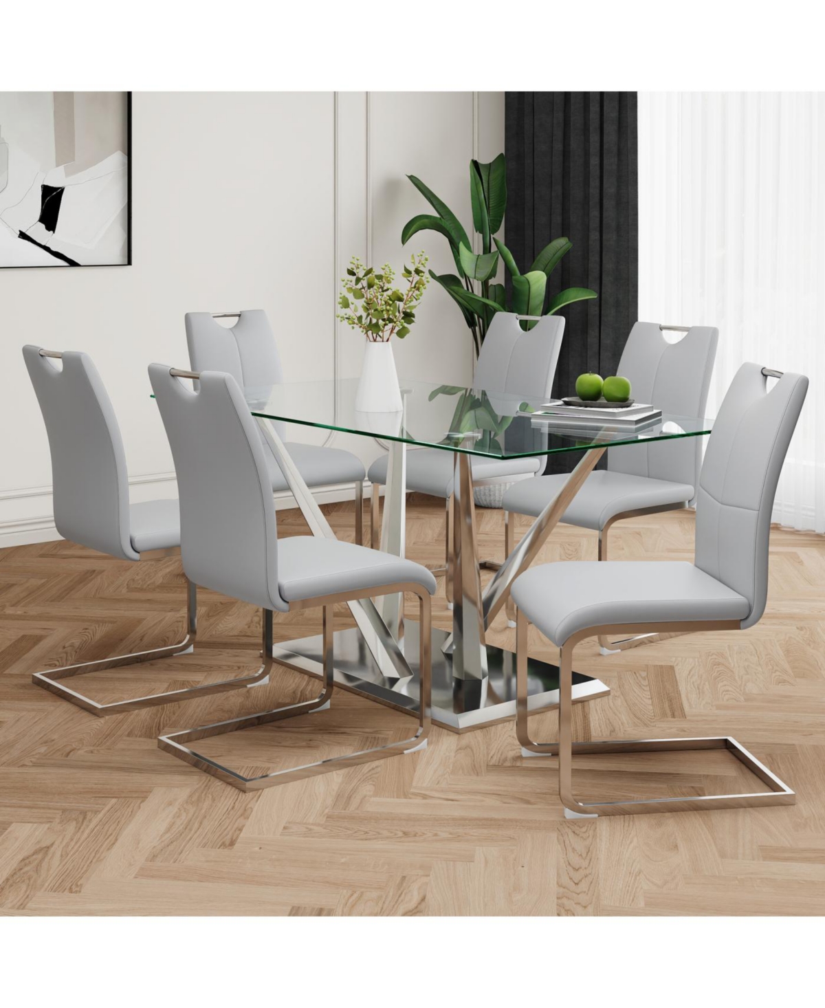 Click here for Streamdale Modern glass dining table & 6 gray chai... prices