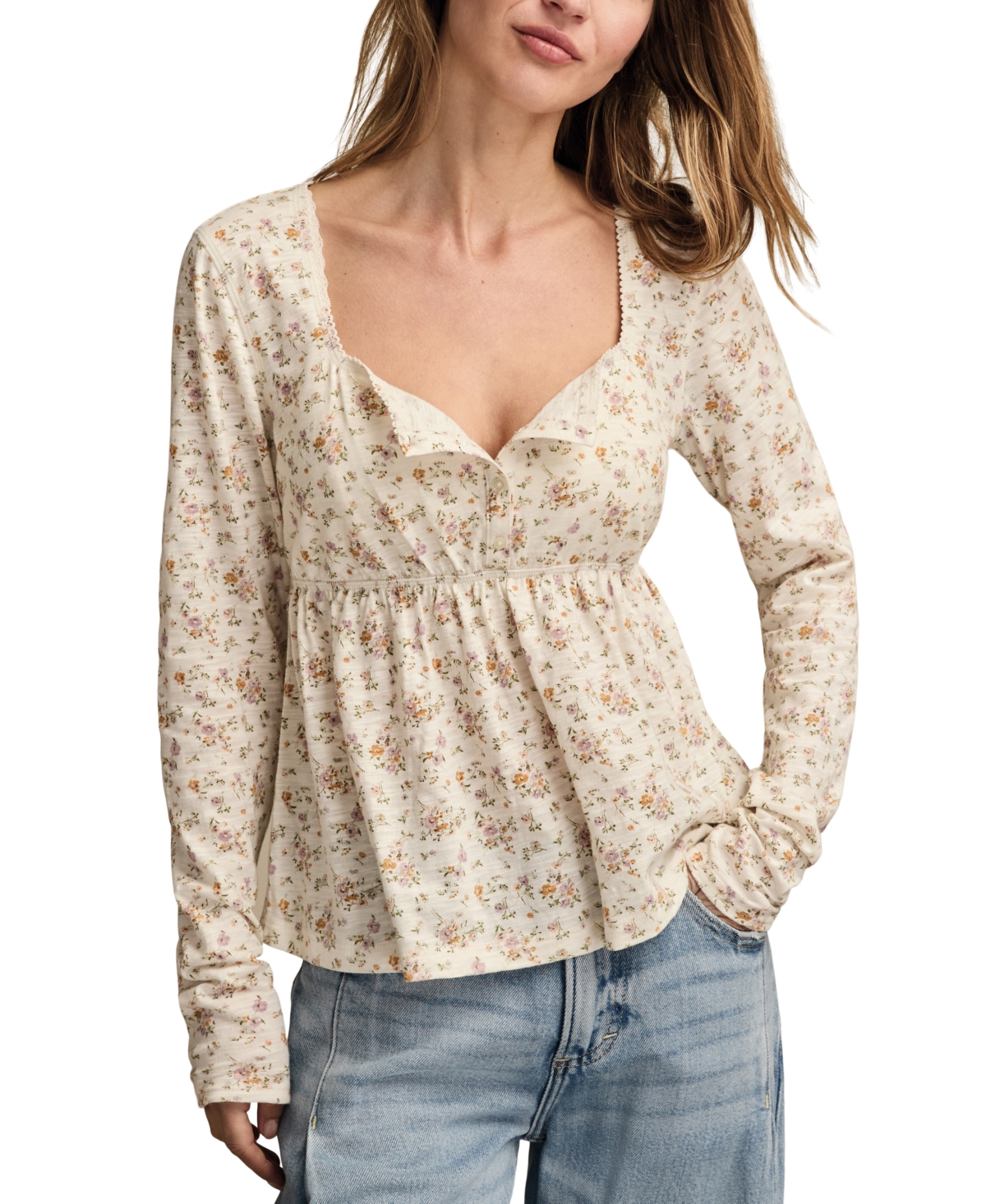 Click here for Lucky Brand Womens Babydoll Henley Top - Cream Flo... prices
