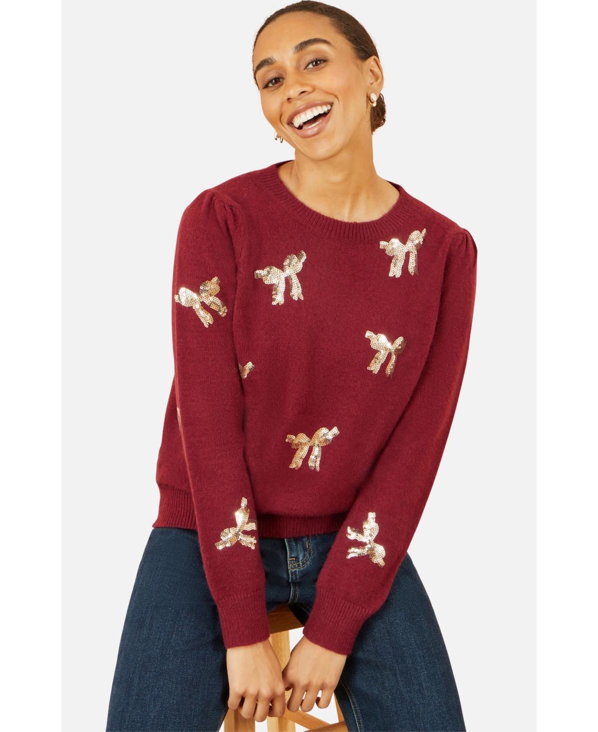 Click here for Yumi Womens Sequin Applique Bow Sweater - Burgundy prices