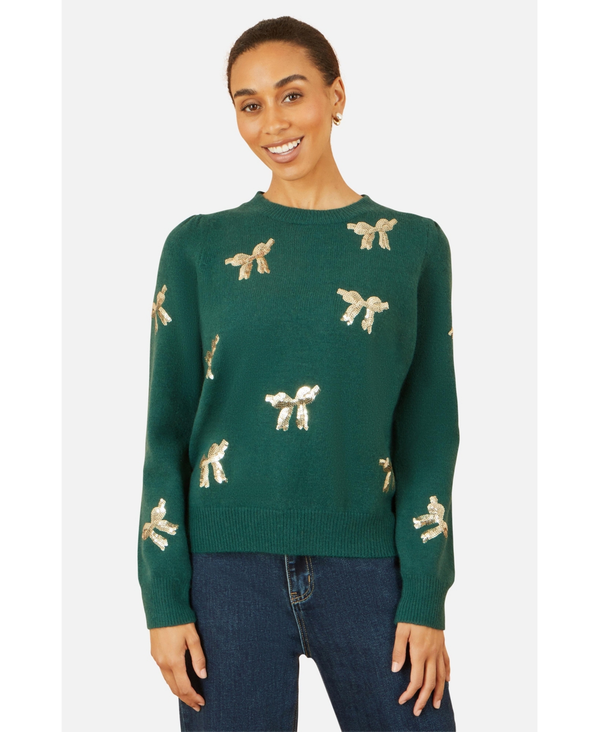 Click here for Yumi Womens Sequin Applique Bow Sweater - Green prices