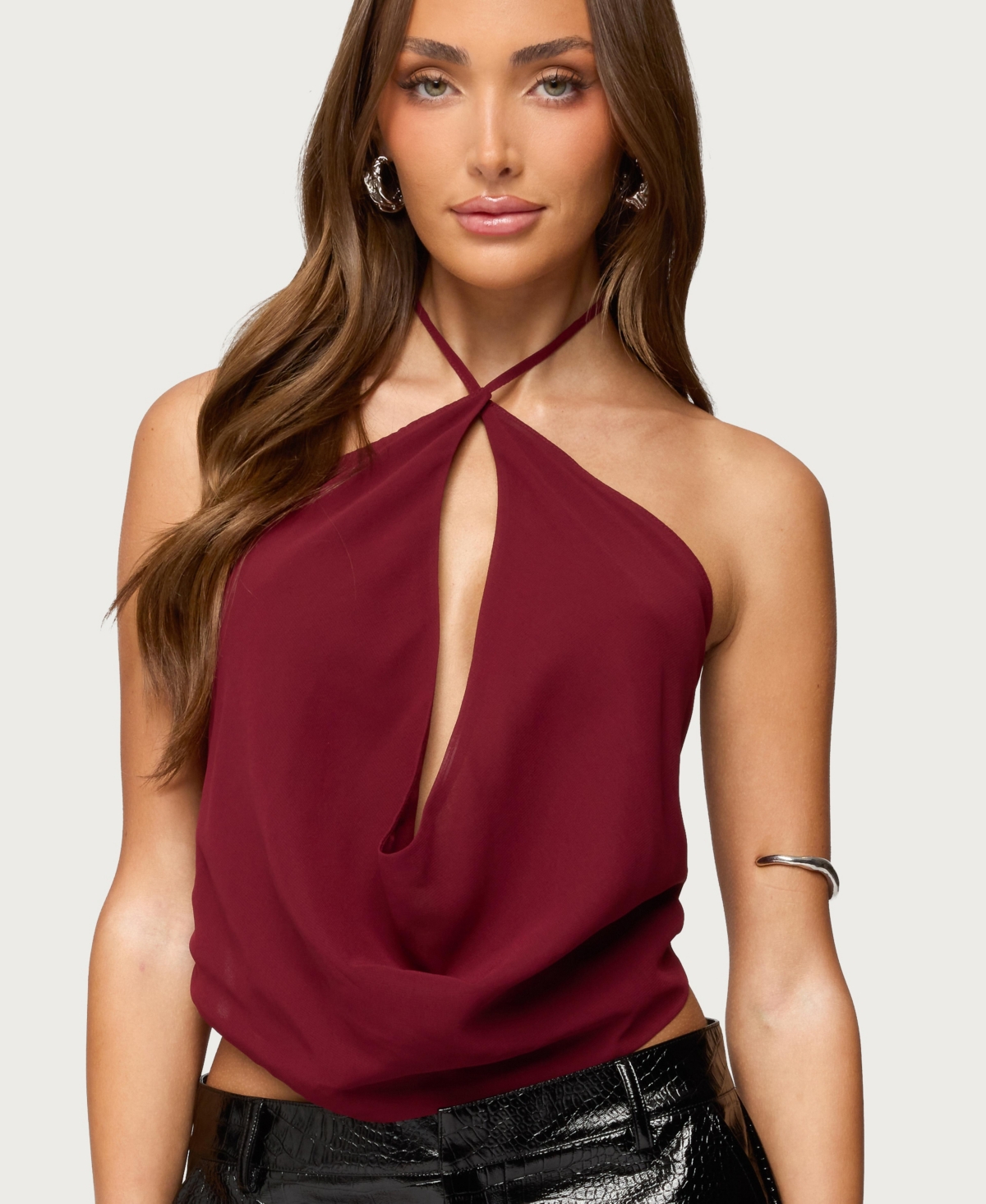 Click here for Edikted Womens Chiffon Backless Cowl Neck Top - Bu... prices