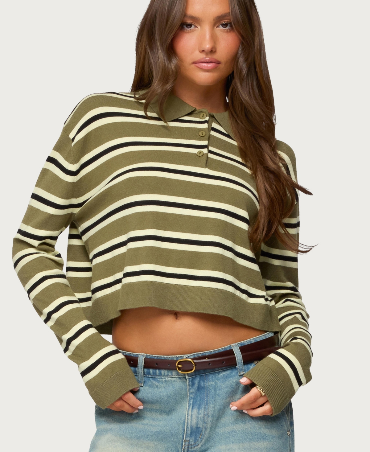 Click here for Edikted Womens Shelby Striped Polo Sweater - Olive prices
