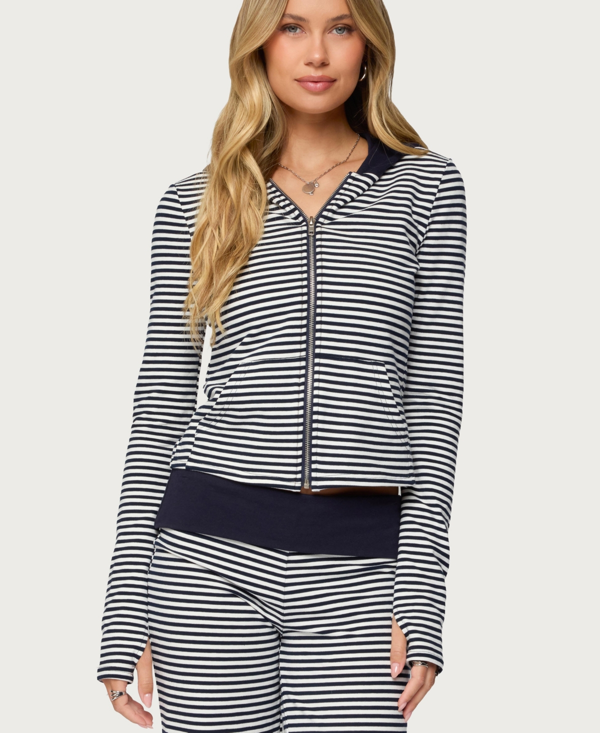 Click here for Edikted Womens Meggy Striped Zip Up Hoodie - Navy-... prices