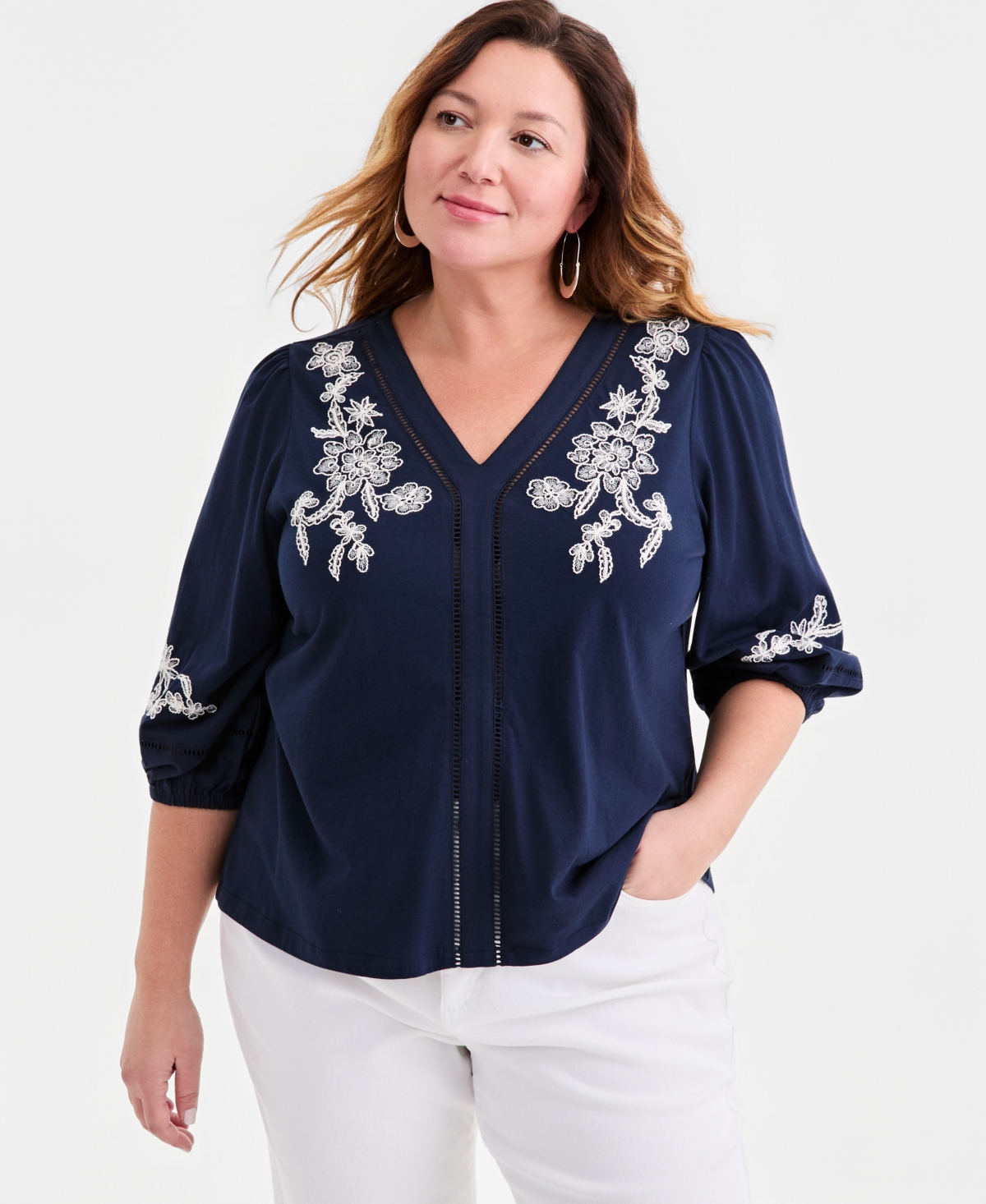 Click here for Style & Co Plus Size V-Neck Puff-Sleeve Embroidere... prices