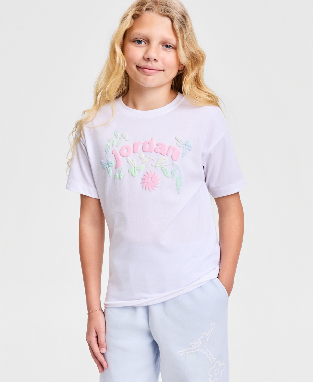 Click here for Jordan Girls 7-16 Floral Basketball Graphic T-Shir... prices