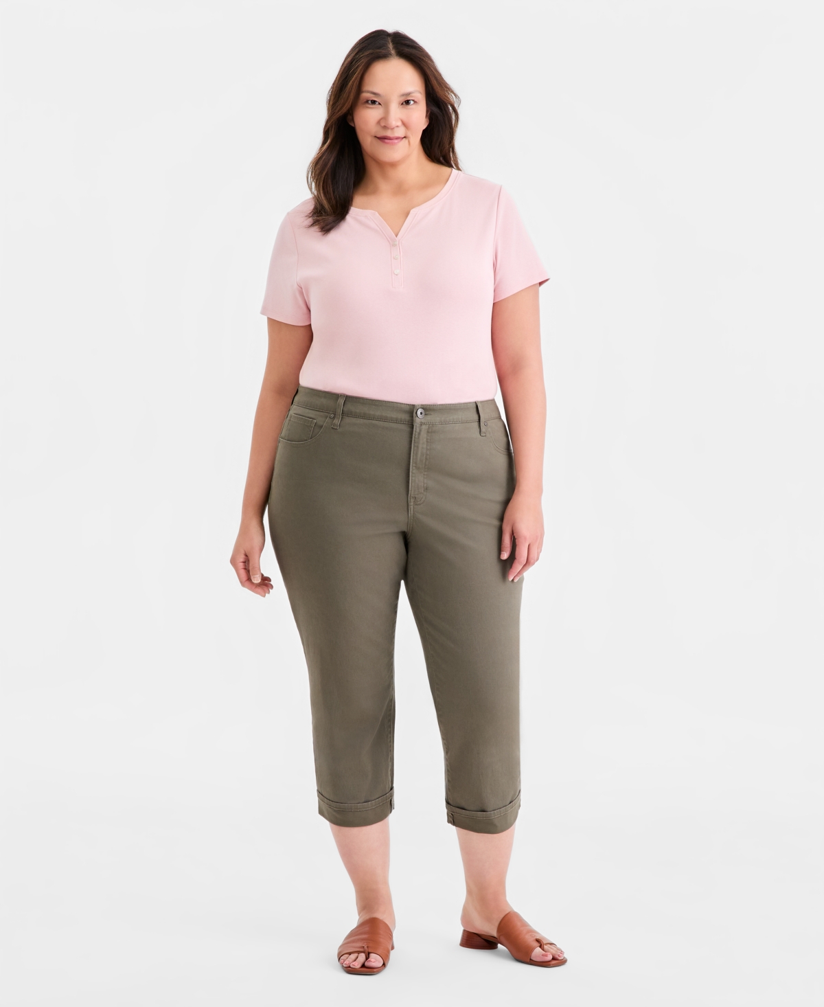 Style & Co Plus Size Curvy Roll-Cuff Capri Jeans  Created for Macys - Olive Drab