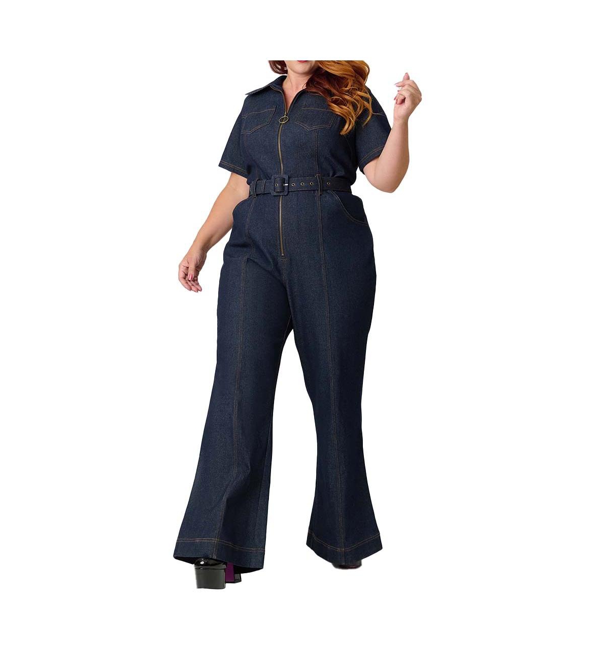 Click here for Unique Vintage Plus Size Denim Belted Jumpsuit - D... prices