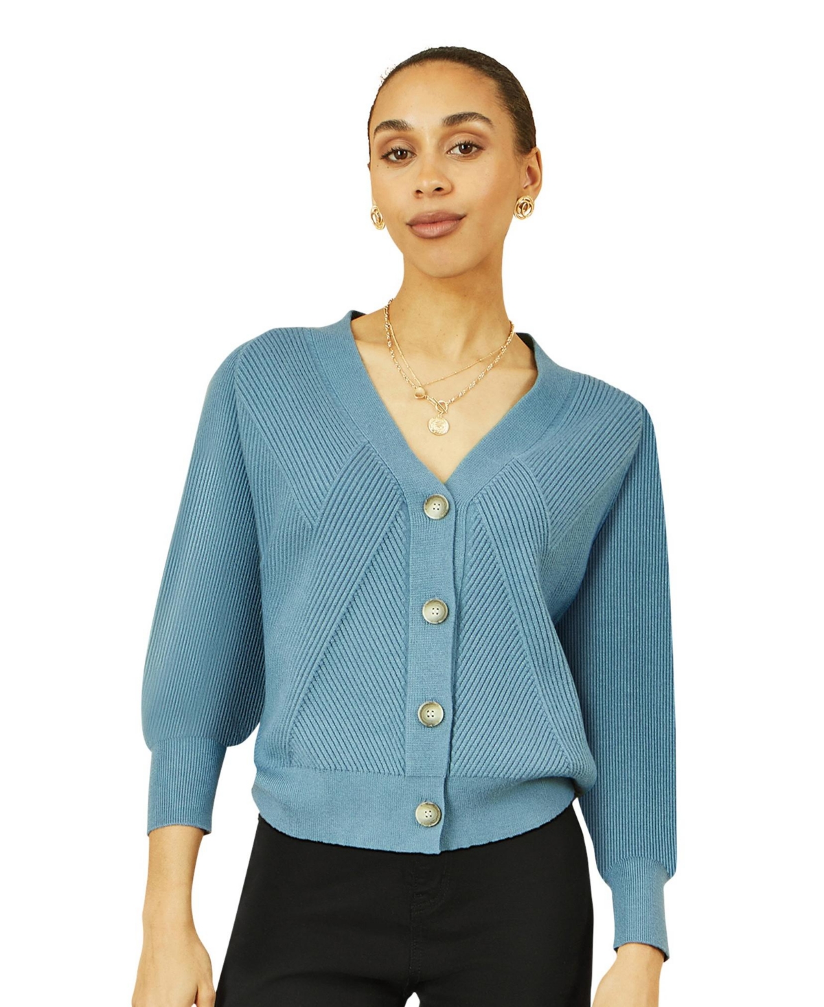 Click here for Yumi Womens Knitted Stitch Detail Cardigan - Blue prices