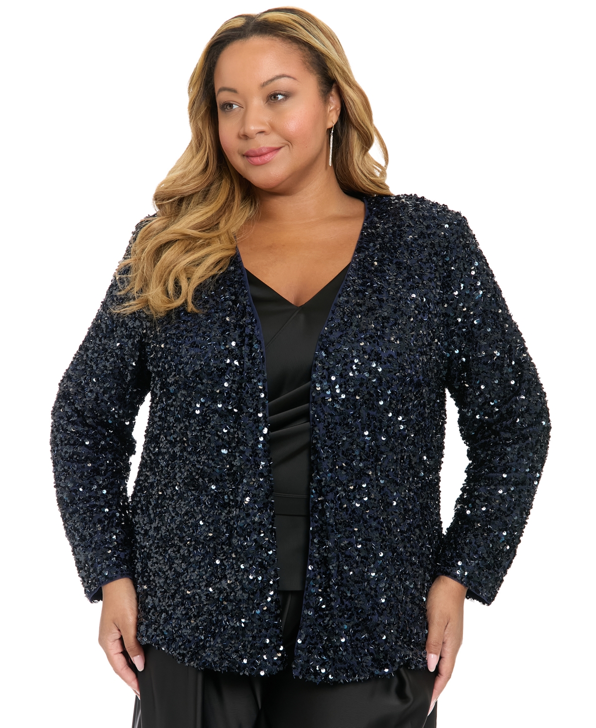 Click here for Muse Plus Size Sequined V-Neck Jacket - Navy prices