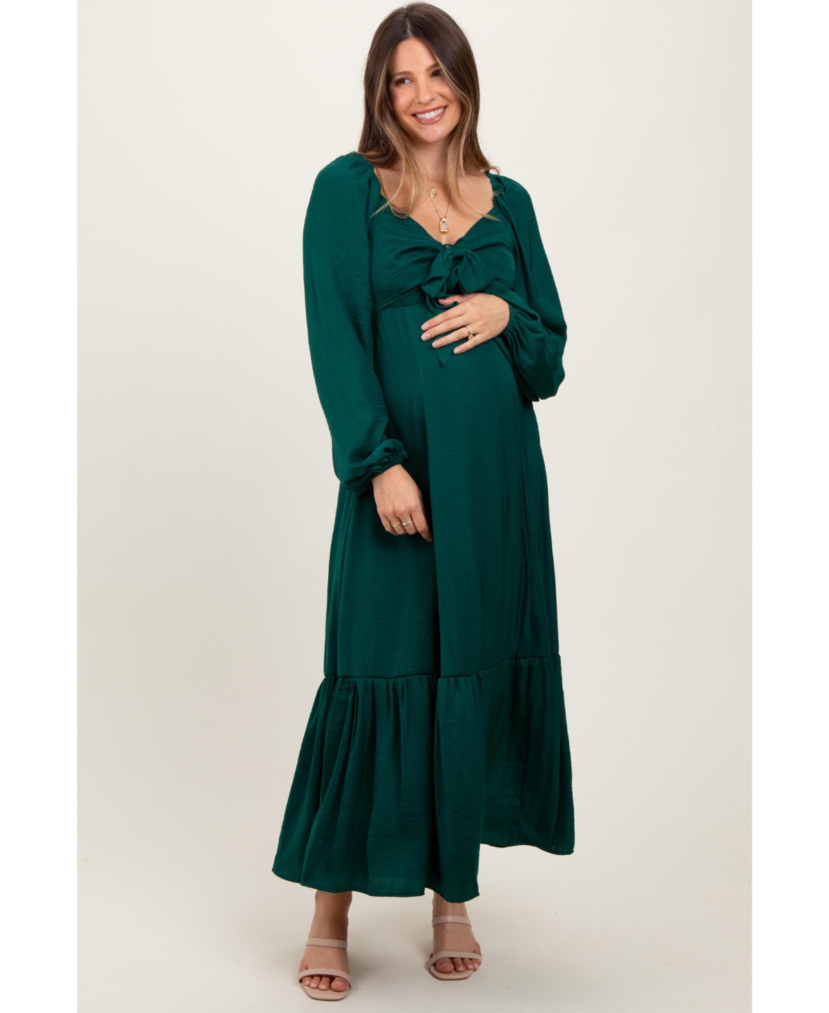 Click here for Pinkblush Maternity Emerald Bow Satin Maxi Dress -... prices