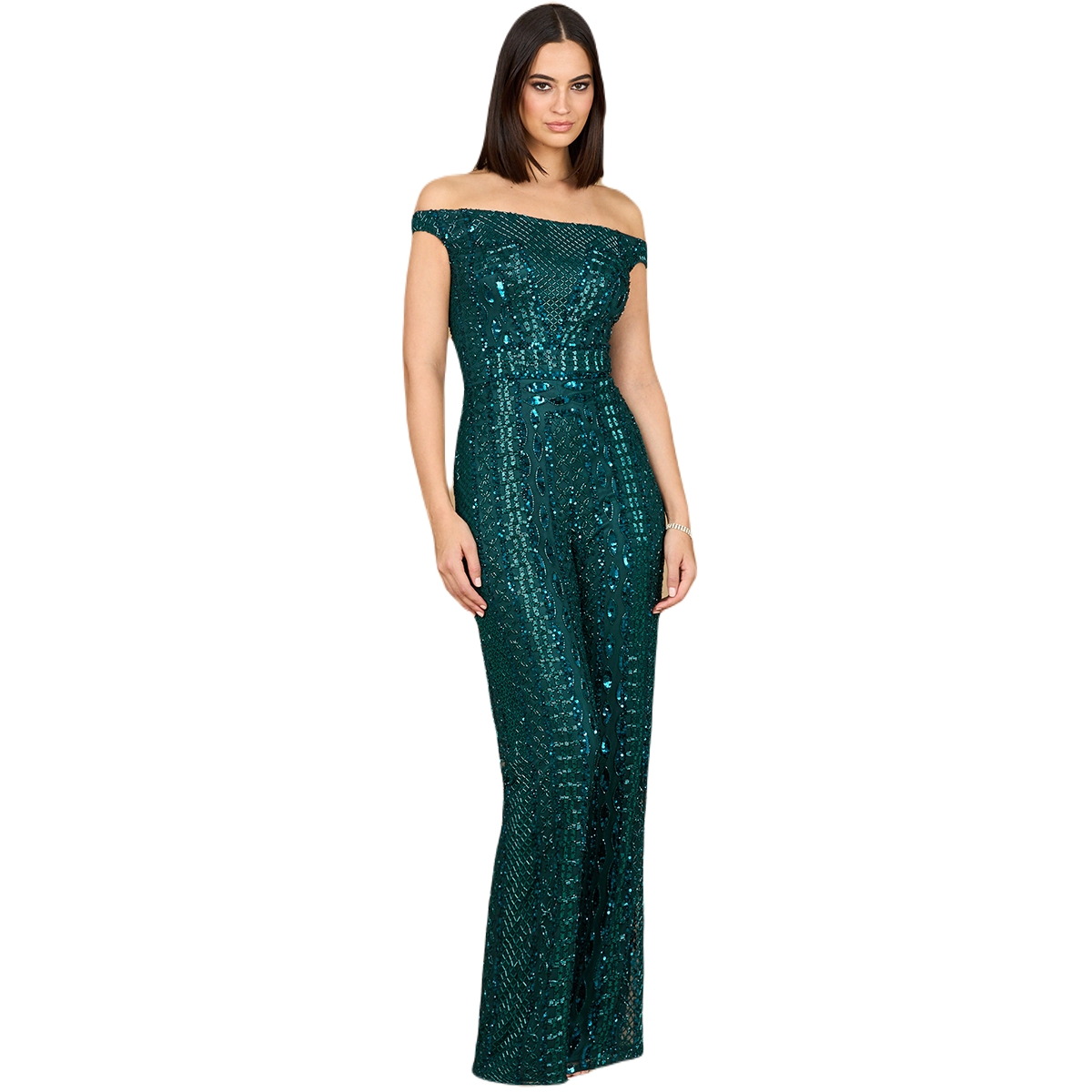 Click here for Womens Beaded Off Shoulder Jumpsuit - Dark green prices