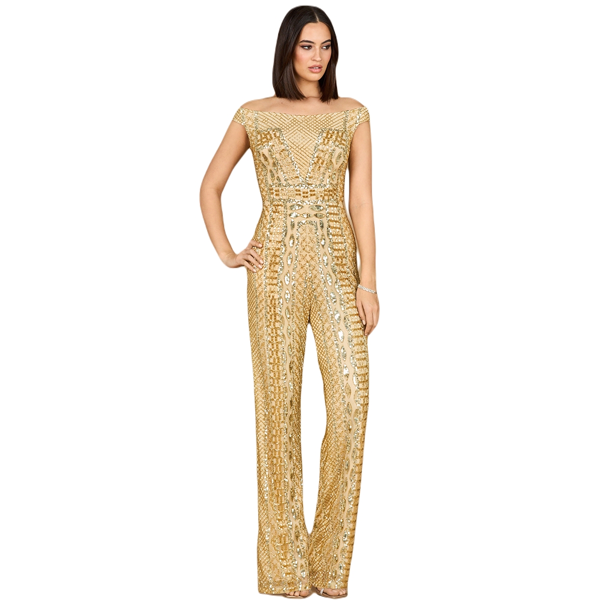 Click here for Womens Beaded Off Shoulder Jumpsuit - Gold prices