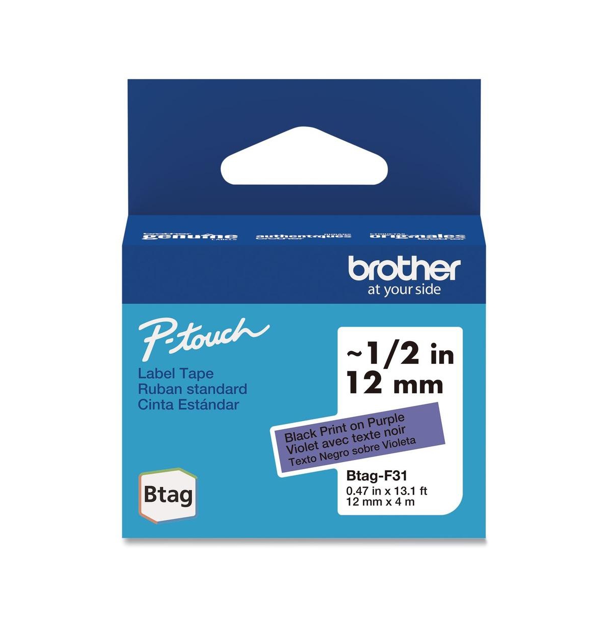 Brother P-Touch BtagF31 0.47 in. x 13.1 ft. Genuine P-Touch BTAG Label Tapes - Black on Purple - Purple