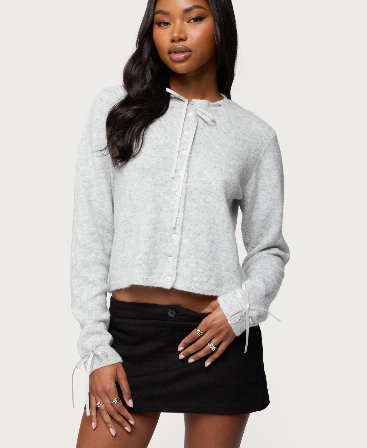 Click here for Edikted Womens Vickie Ribbon Knit Cardigan - Gray-... prices