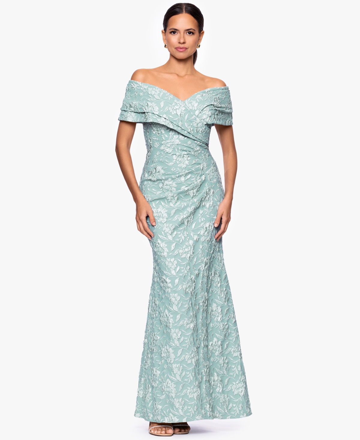 Click here for Betsy & Adam Petite Off-The-Shoulder Long Sheath D... prices