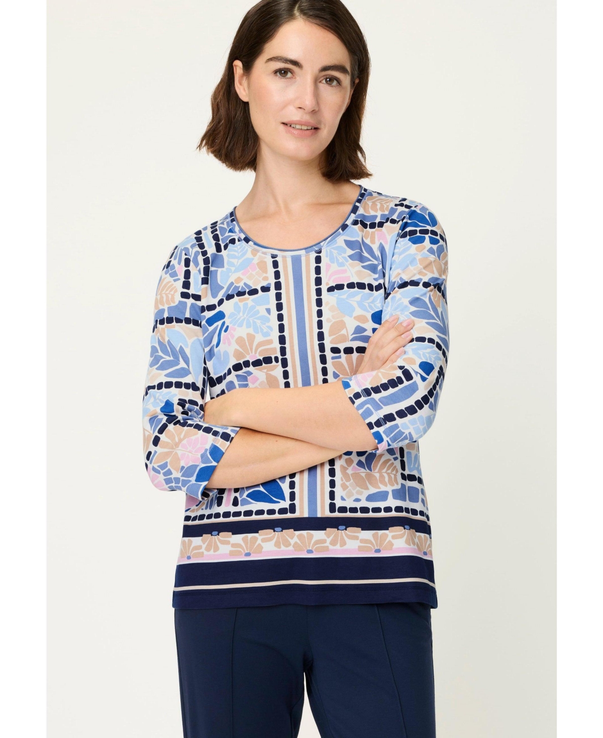 Click here for Olsen Womens Floral & Border Print T-Shirt - Ink b... prices