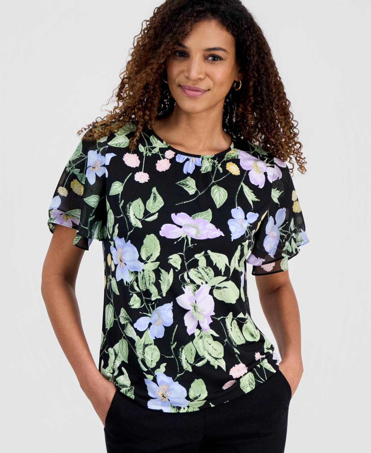 Click here for Kasper Womens Flutter-Sleeve Floral Top - Black Mu... prices