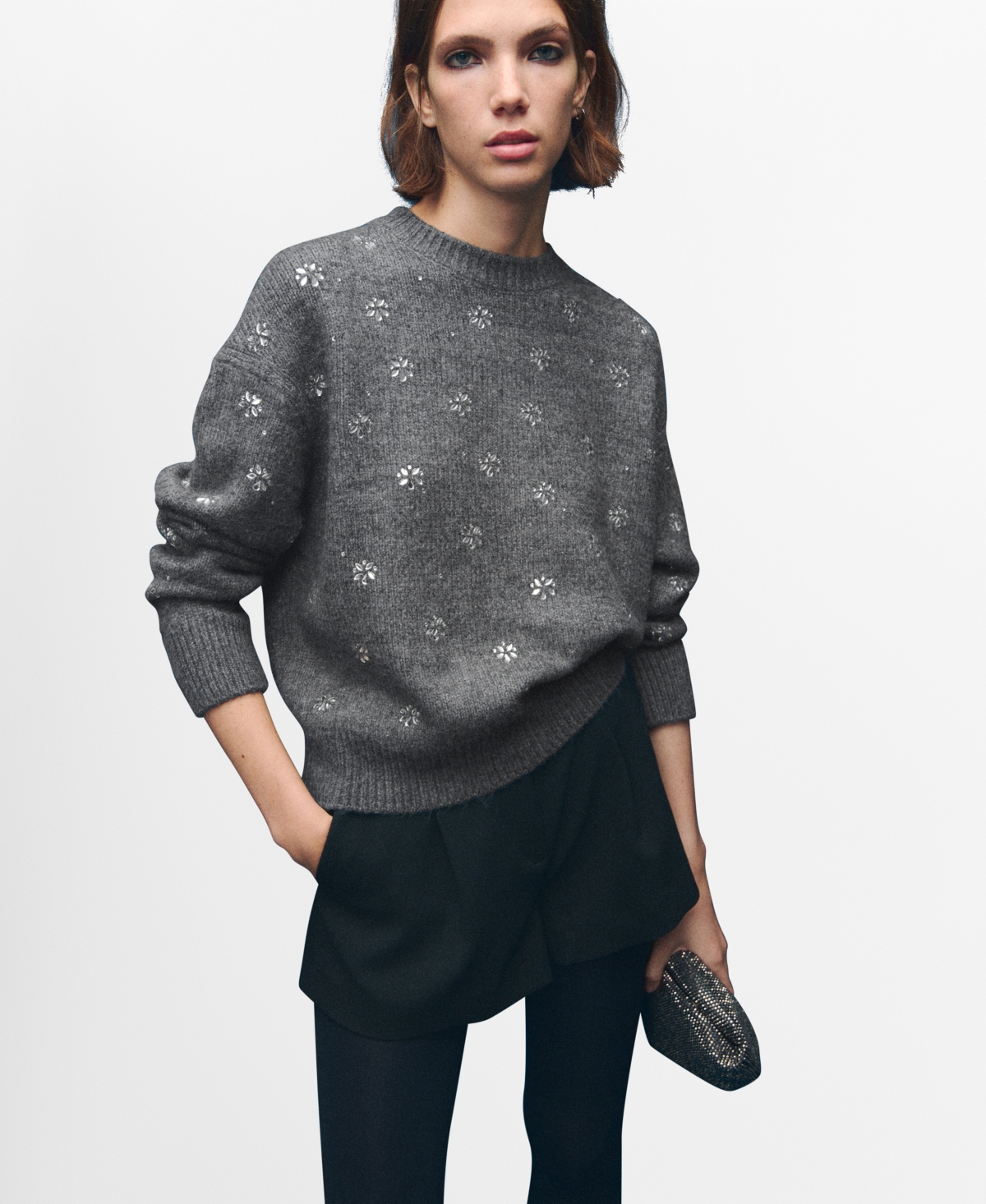 Click here for Mango Womens Crystal Detail Sweatshirt - Gray prices