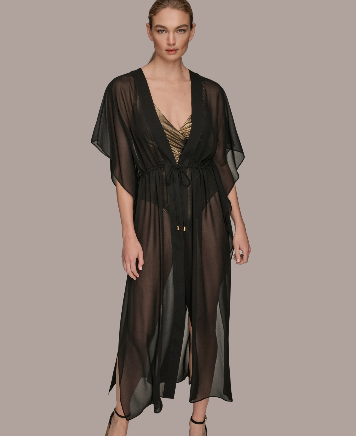 Click here for Donna Karan Womens Tie-Front Maxi Kaftan - Black prices