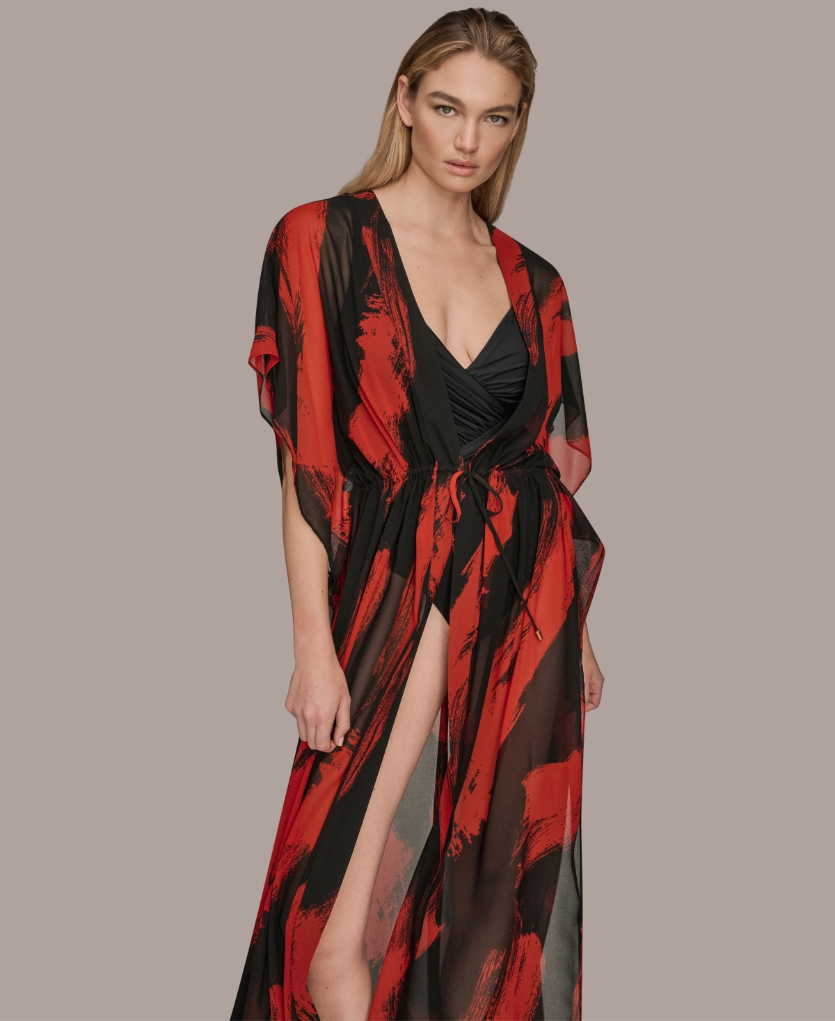 Click here for Donna Karan Womens Tie-Front Maxi Kaftan - Black/R... prices