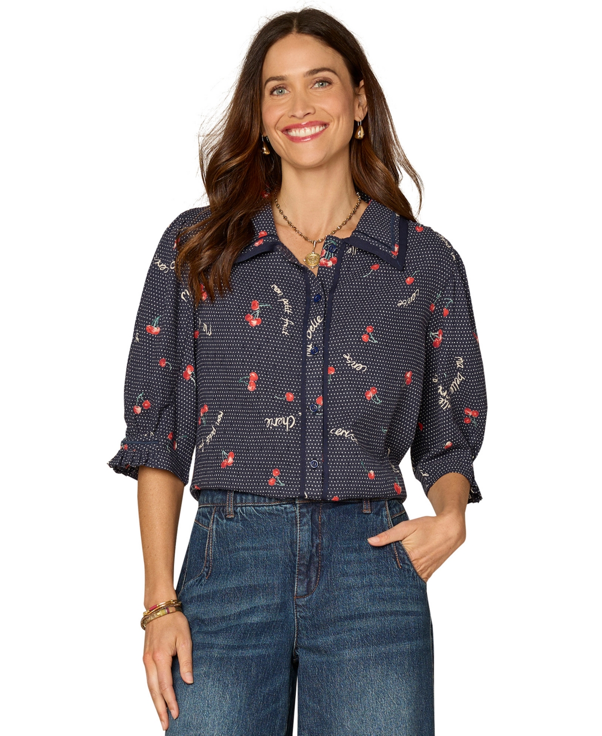 Click here for Democracy Petite Button-Down Woven Shirt - Navy Mu... prices