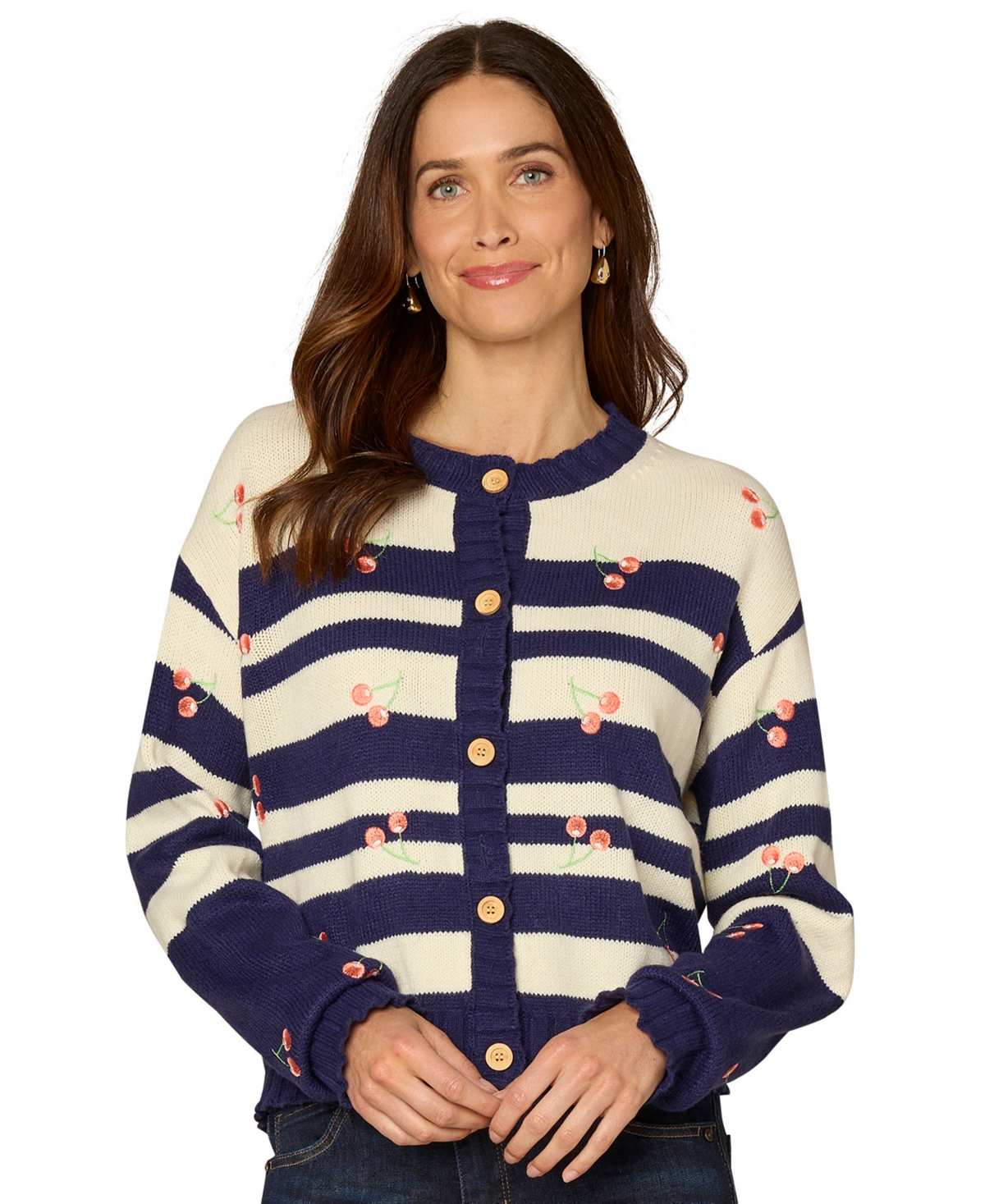 Click here for Democracy Petite Embroidery Striped Sweater - Off... prices