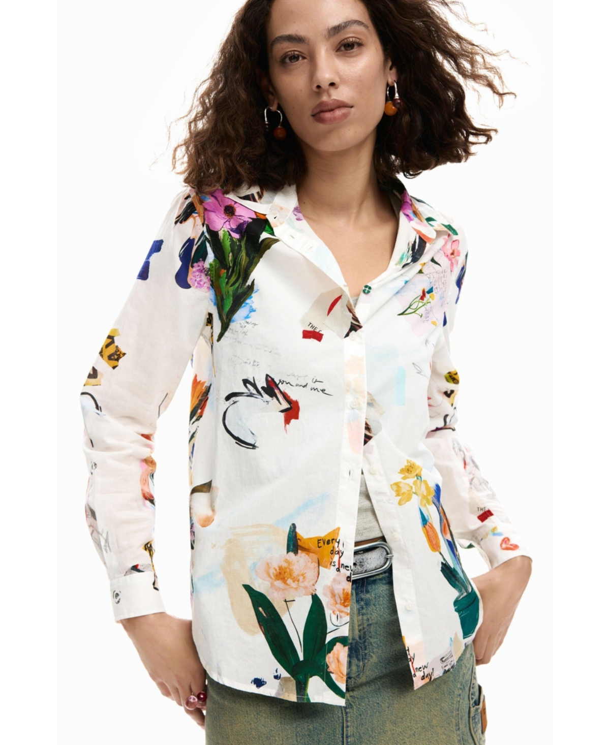 Click here for Desigual Womens Collage flower shirt - White prices