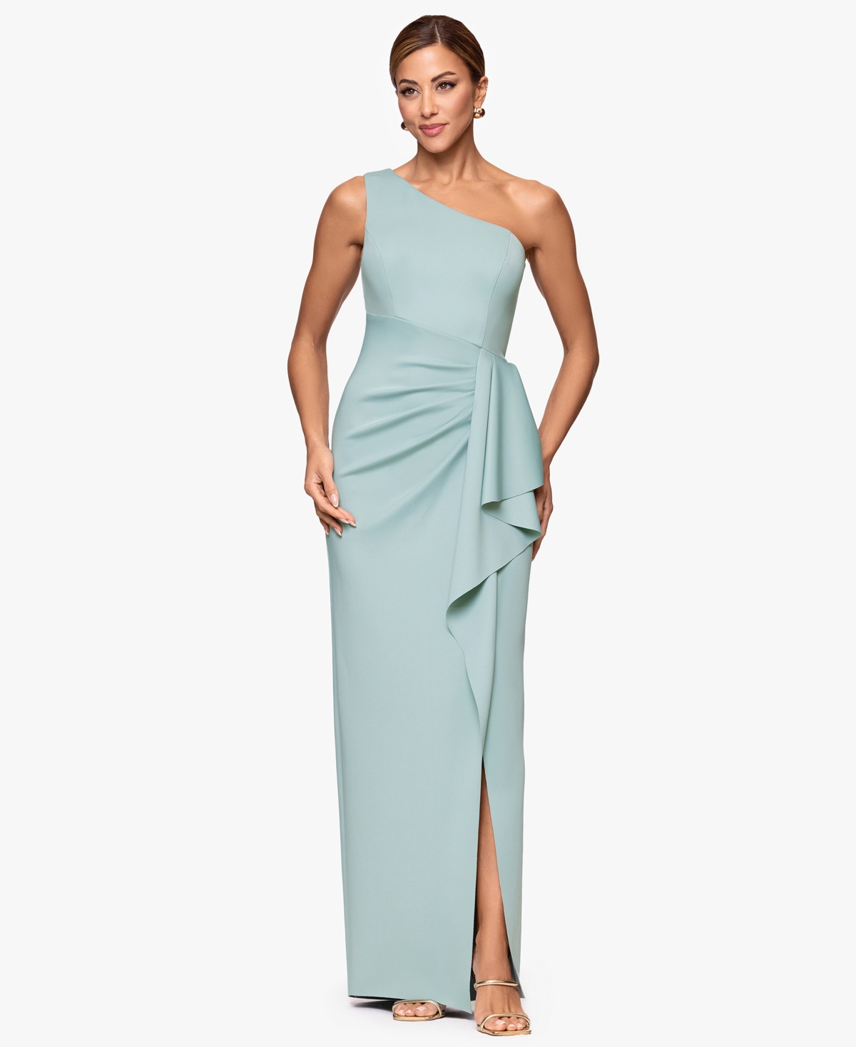 Click here for Xscape Petite One-Shoulder Side Ruching Gown - Sag... prices