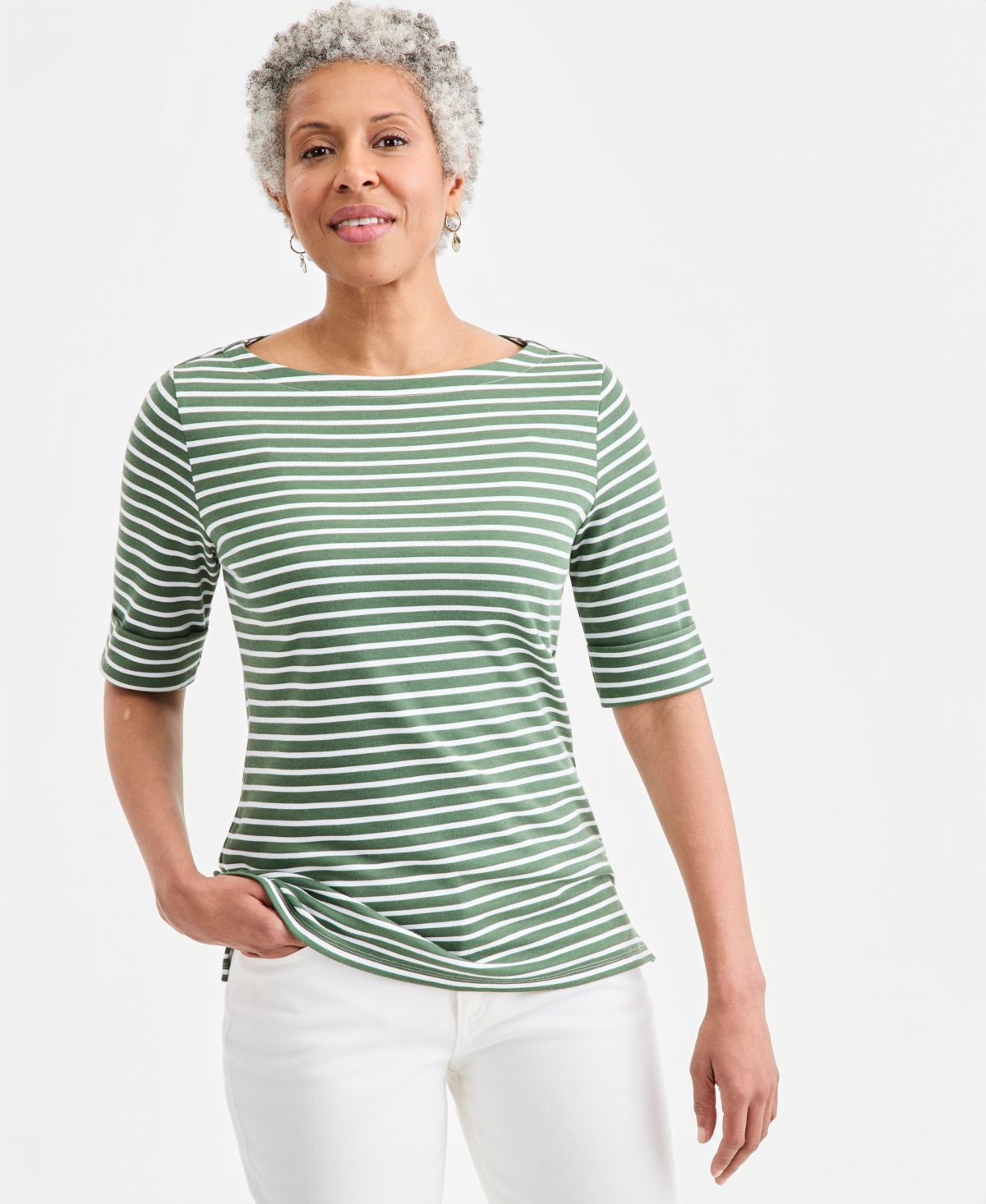 Click here for Style & Co Womens Printed Boat-Neck Elbow-Sleeve T... prices