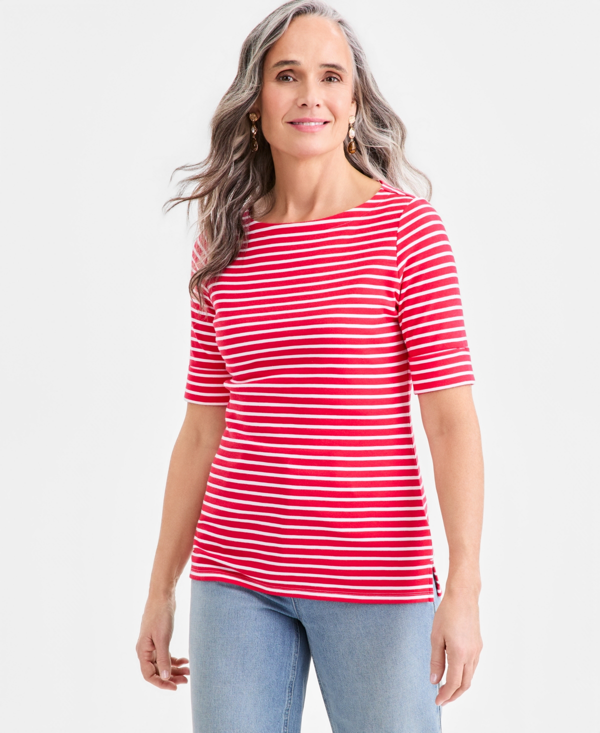 Click here for Style & Co Womens Printed Boat-Neck Elbow-Sleeve T... prices