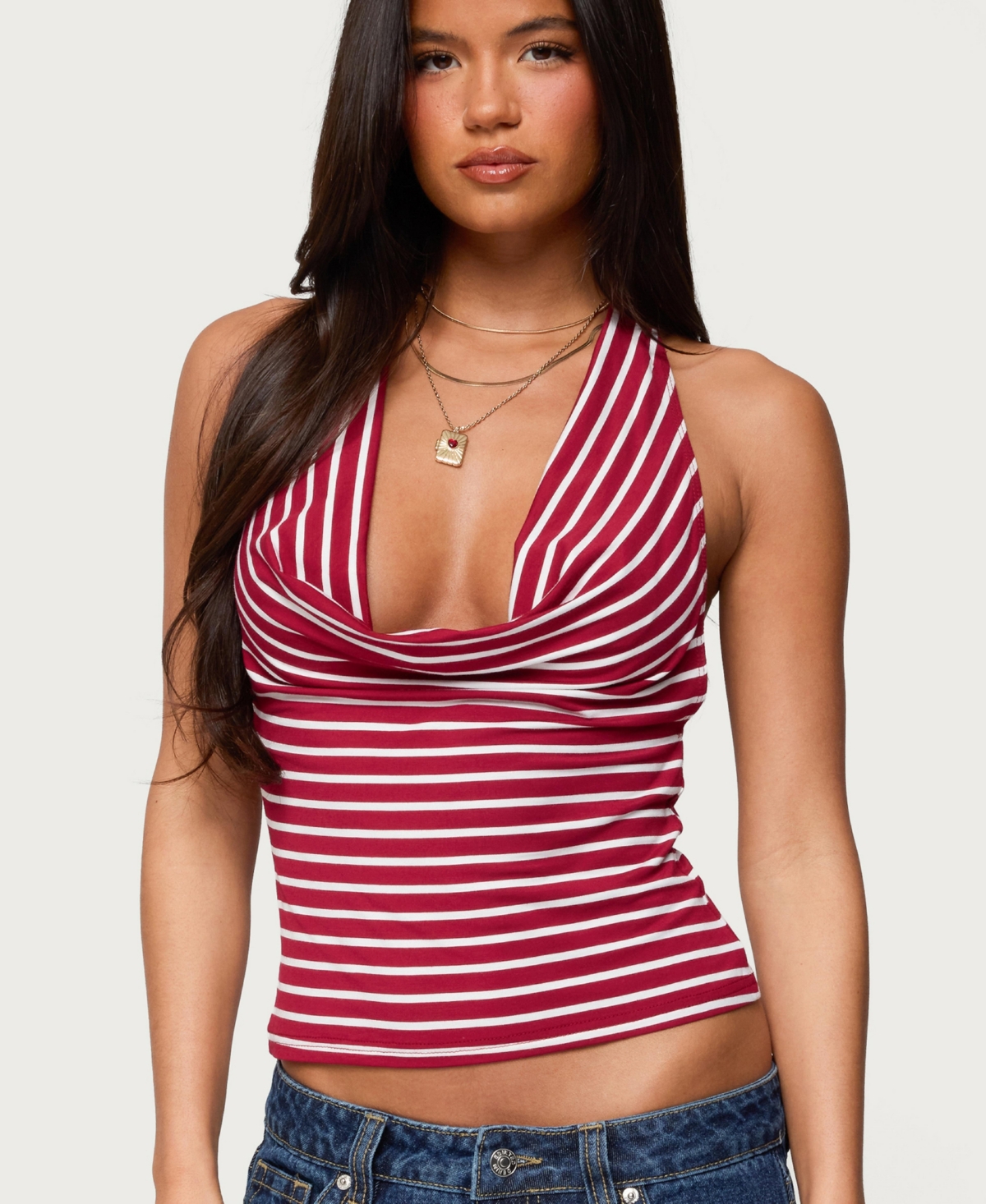 Click here for Edikted Womens Striped Cowl Neck Halter Top - Red-... prices
