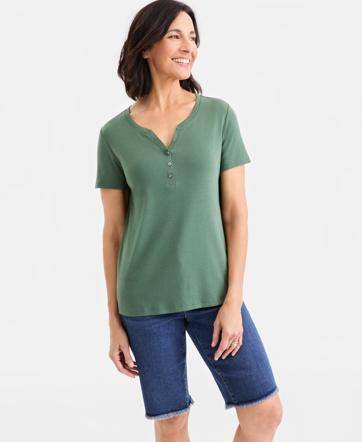 Click here for Style & Co Womens Short-Sleeve Cotton Henley Top... prices