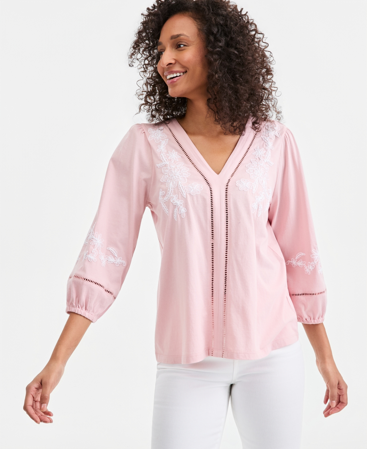 Click here for Style & Co Womens Embroidered V-Neck 3/4-Sleeve To... prices