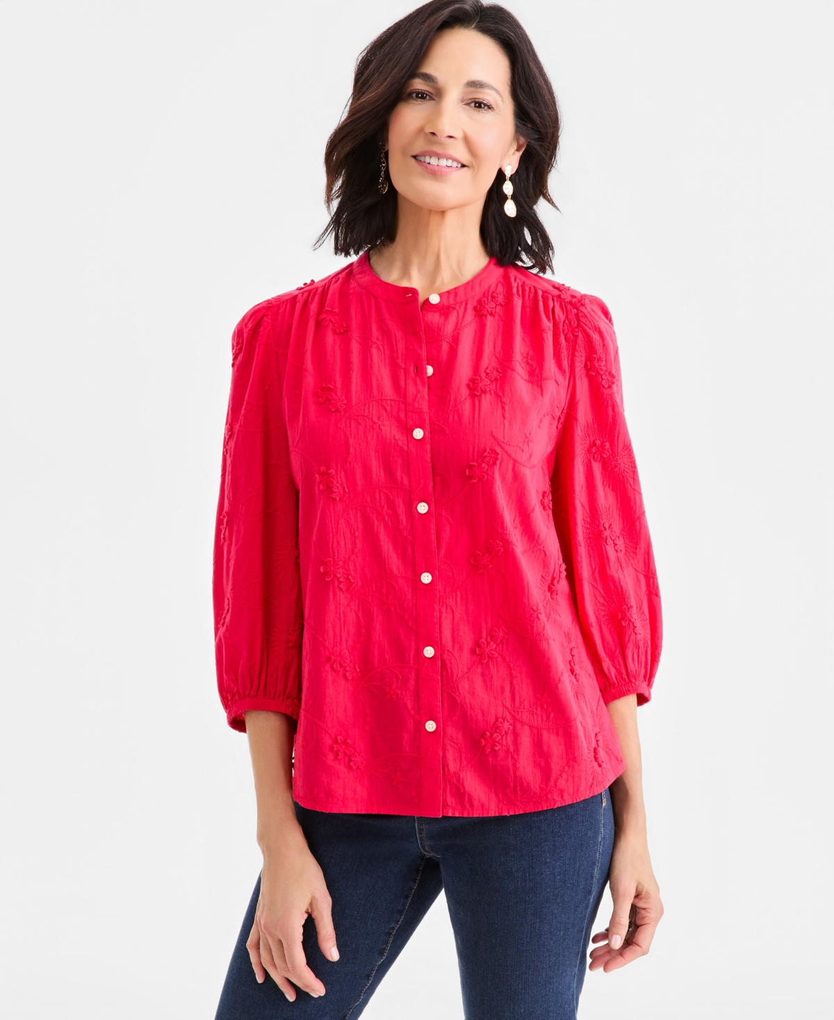 Click here for Style & Co Petite Crewneck Embroidered Detail Top... prices