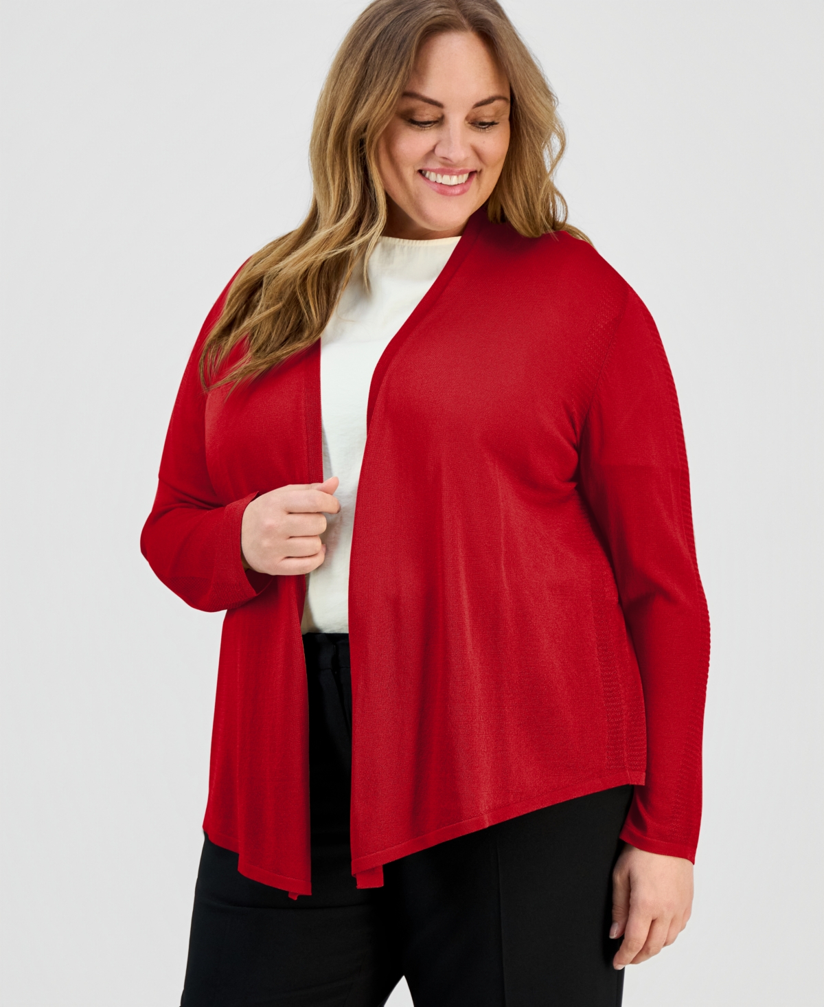 Click here for Kasper Plus Size Open-Front Stitch-Detail Sweater... prices