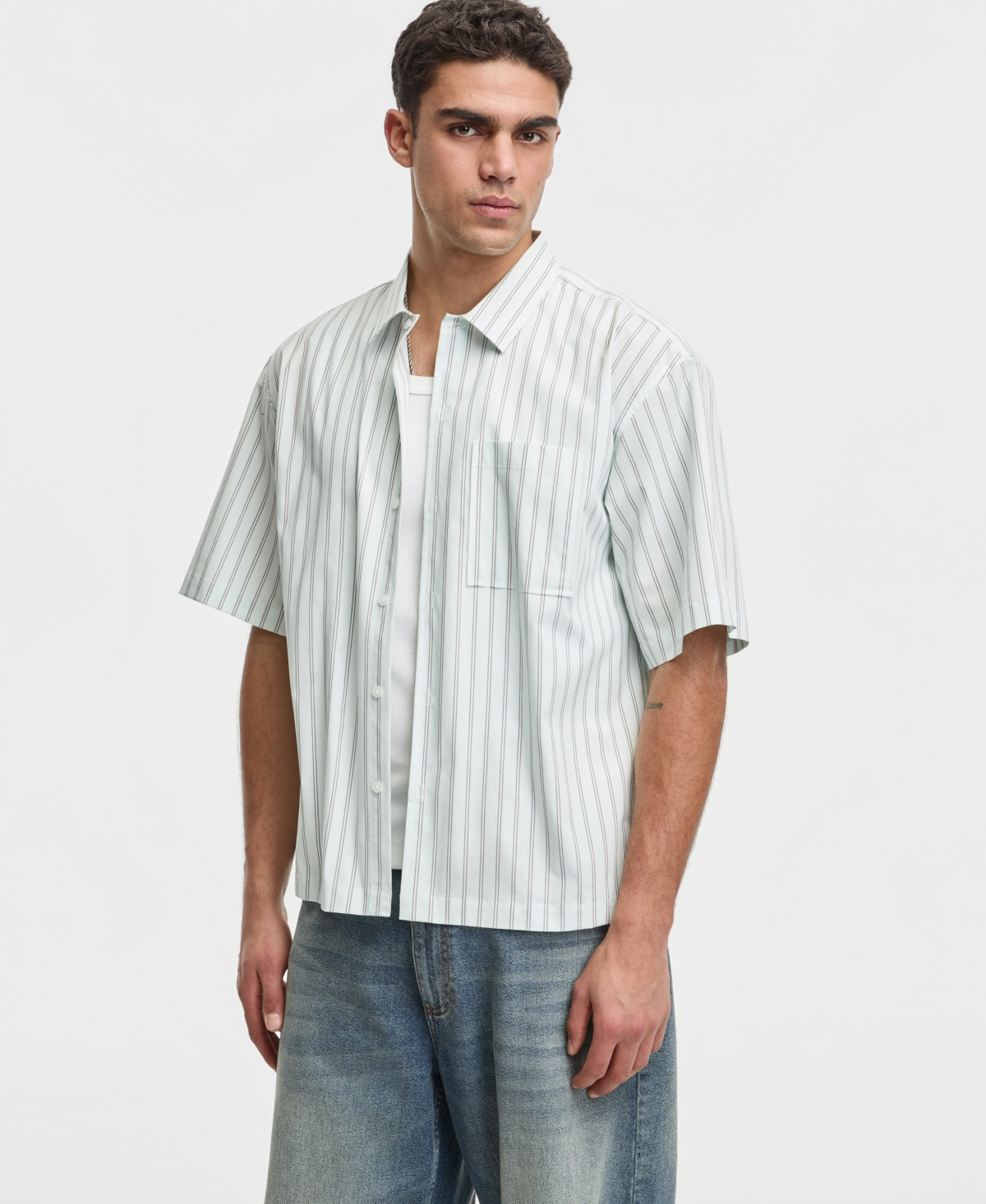 Click here for Mode of One Mens Boxy-Fit Striped Short-Sleeve Shi... prices