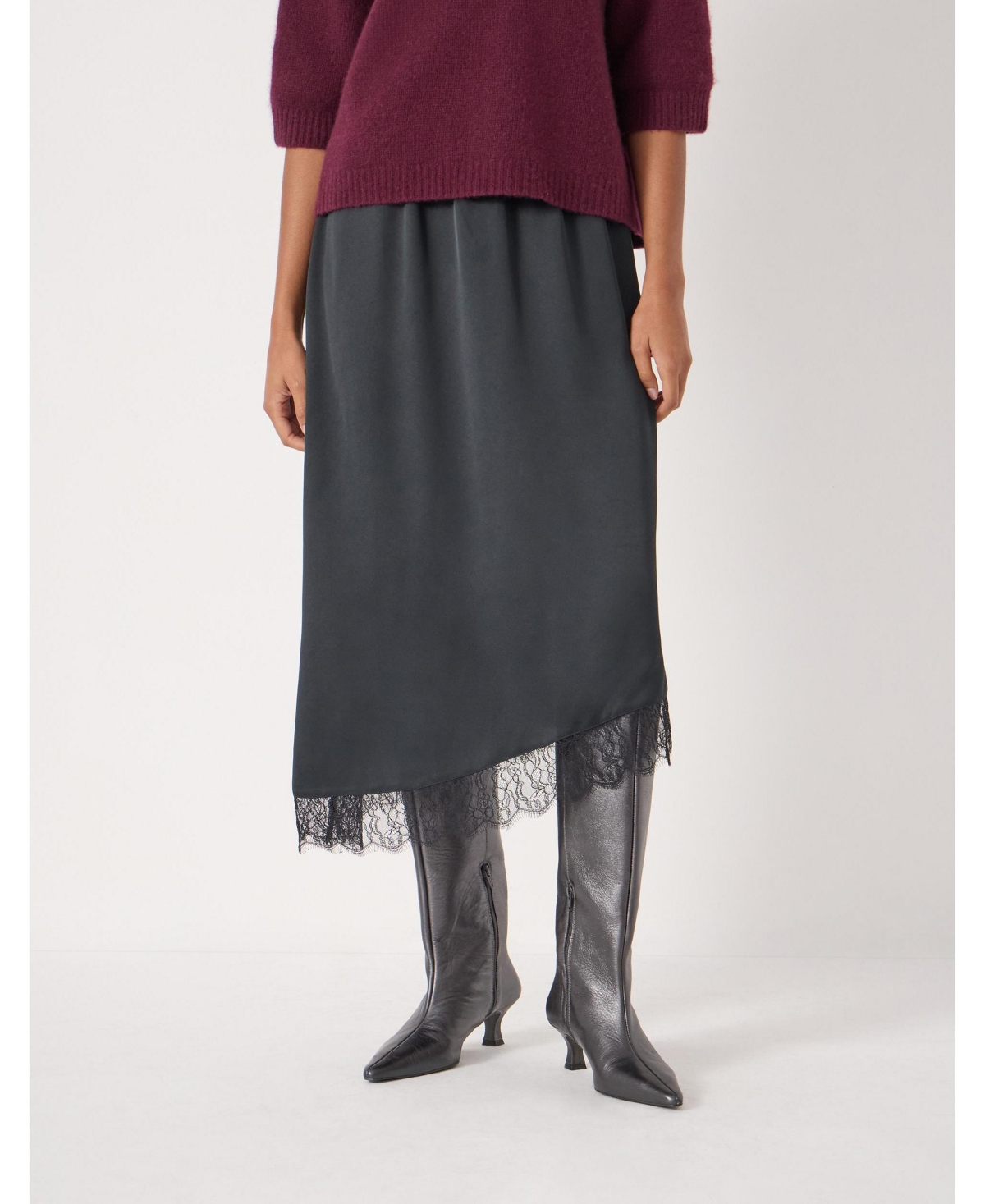 Click here for Hush Womens Satin Asymmetric Lace Trim Skirt - Bla... prices