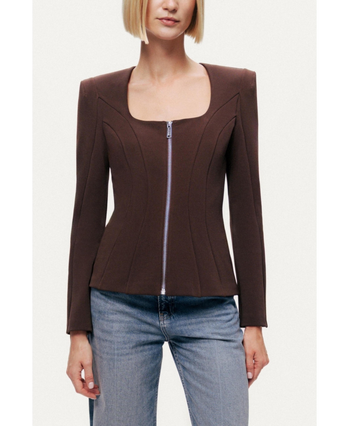 Click here for Nocturne Womens Zip-Front Structured Top - Brown prices