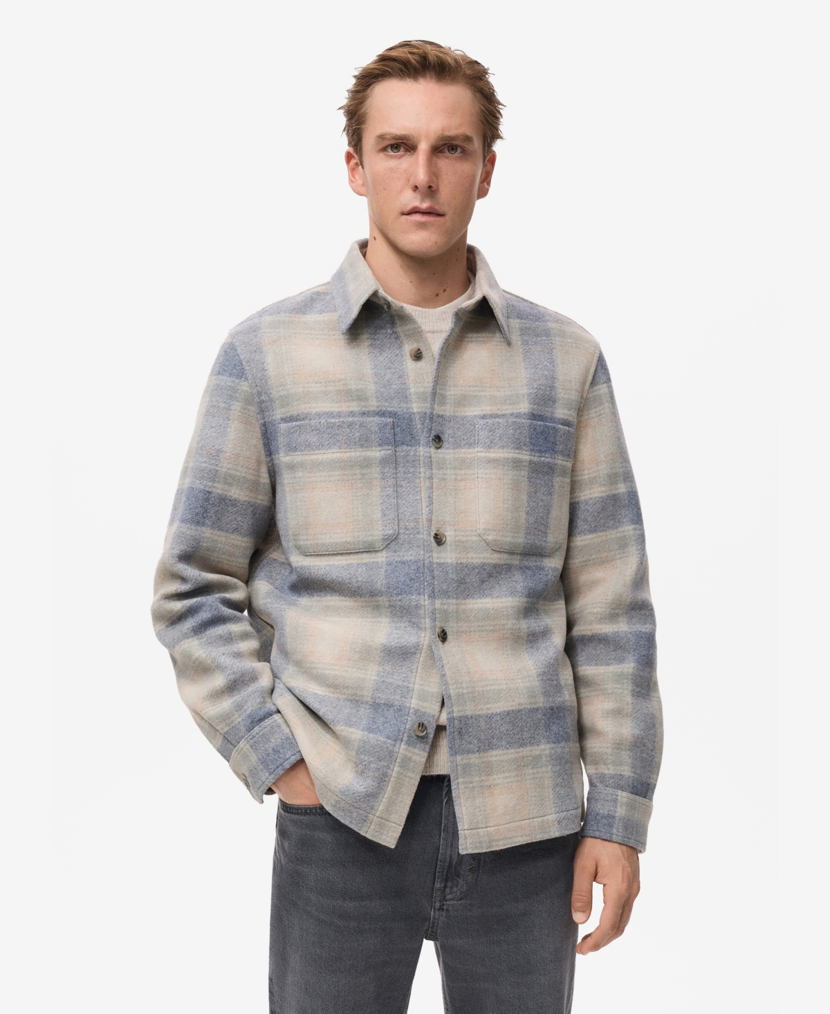 Click here for Mango Mens Check Flannel Overshirt - Sky Blue prices