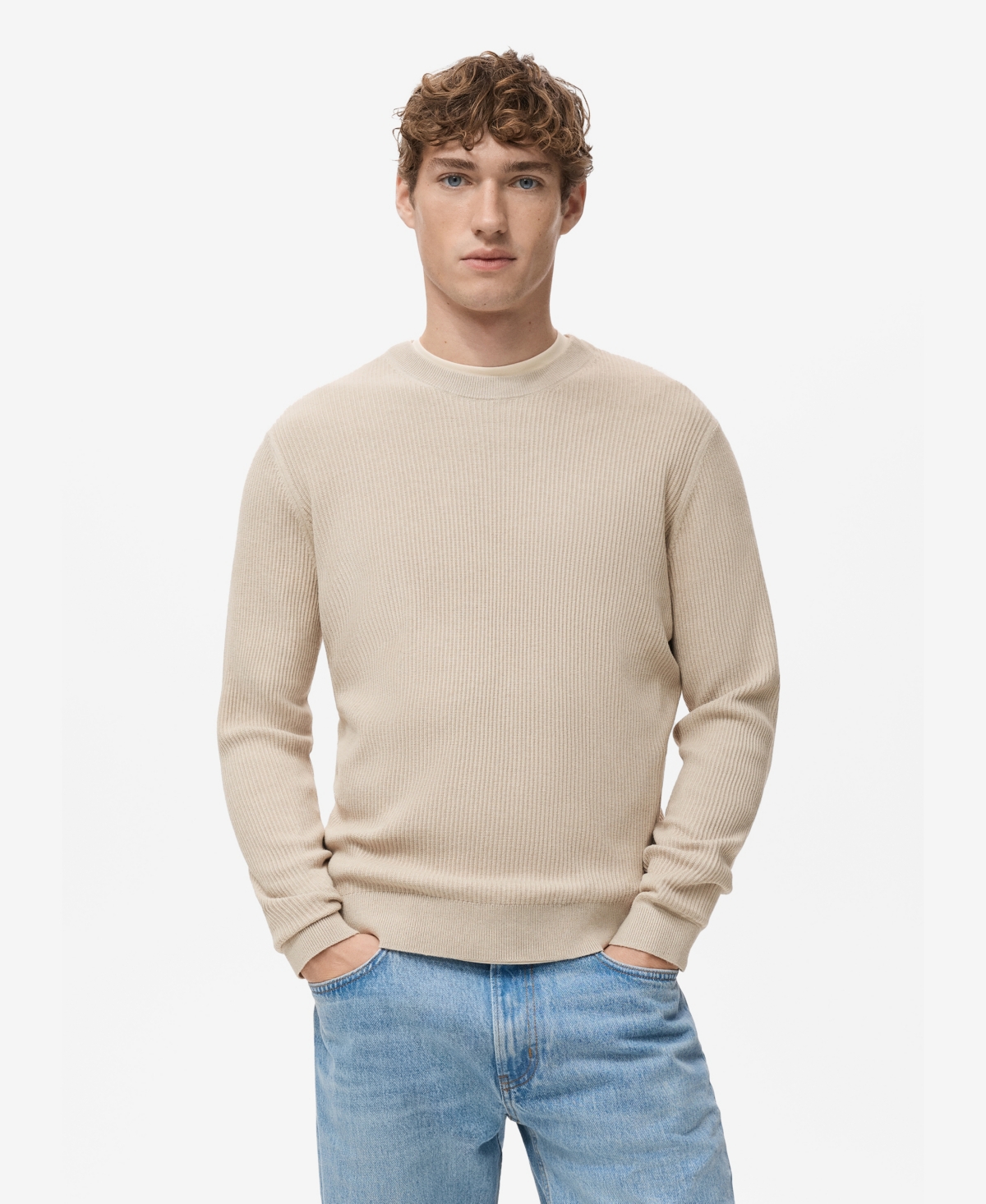 Click here for Mango Mens Fine Rib-Knit Cotton Sweater - Beige prices