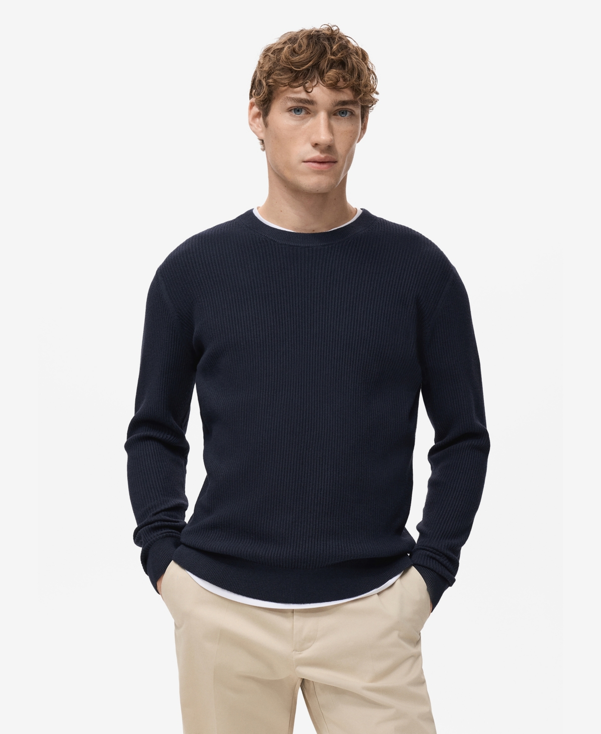 Click here for Mango Mens Fine Rib-Knit Cotton Sweater - Dark Nav... prices