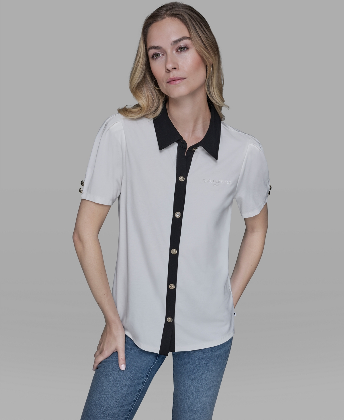 Click here for Karl Lagerfeld Paris Womens Short-Sleeve Button-Fr... prices