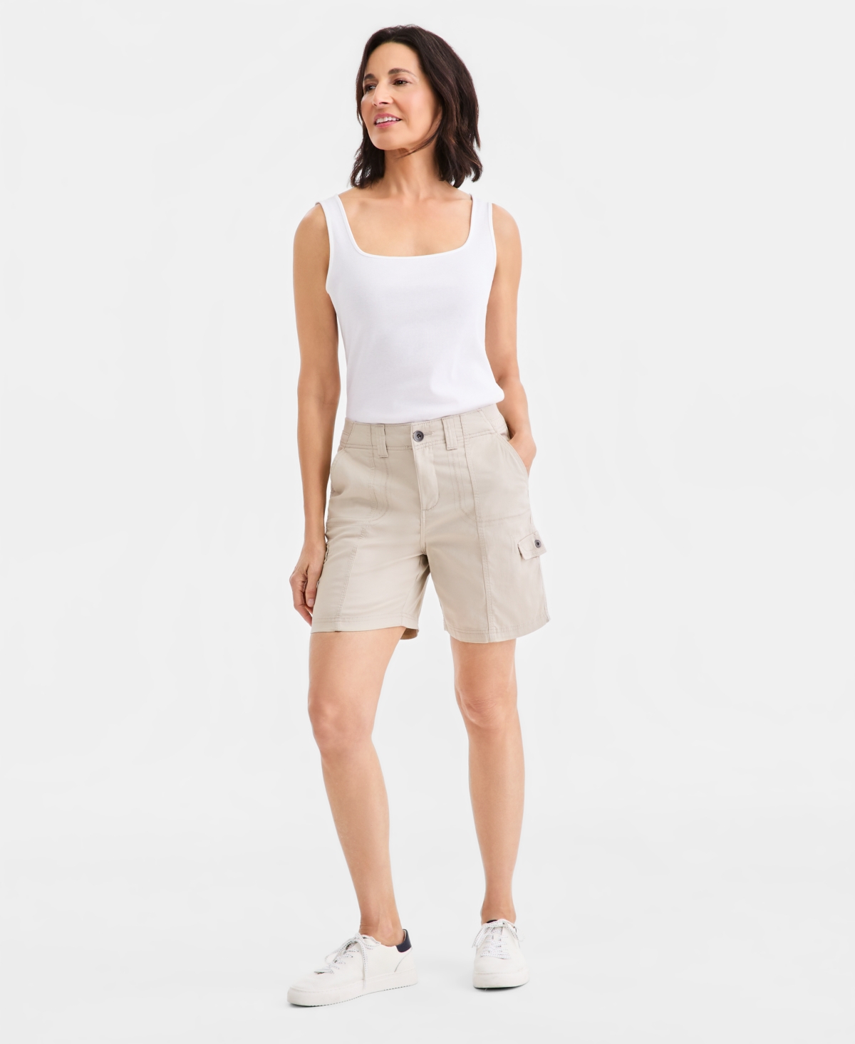 Style & Co Womens Petite Mid-Rise Comfort-Waist Cargo Shorts  Macys Exclusive - Stonewall
