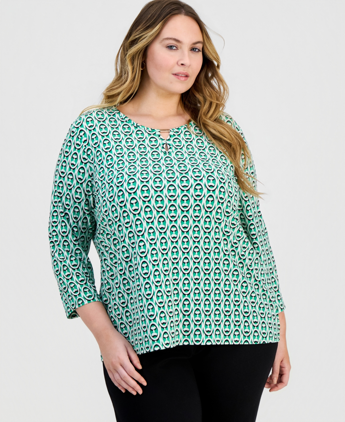 Click here for Jones New York Plus Size Printed 3/4-Sleeve Top -... prices