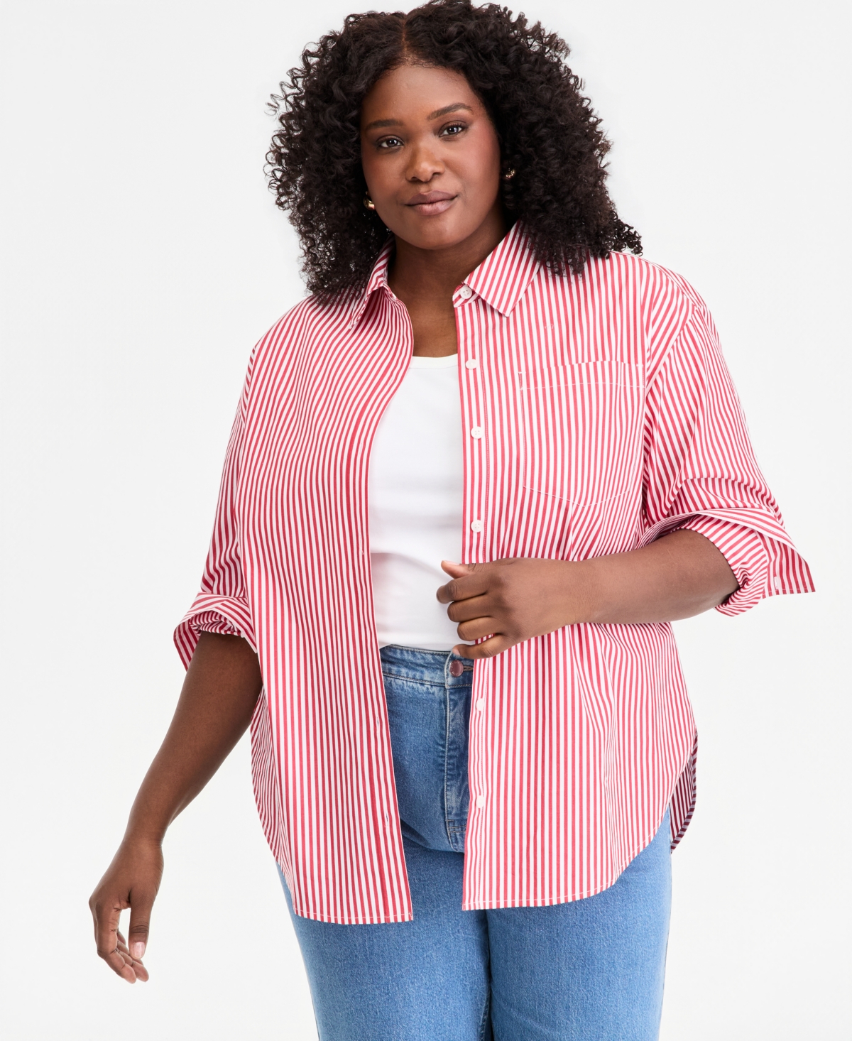 Click here for On 34th Trendy Plus Size Striped Cotton Button-Fro... prices