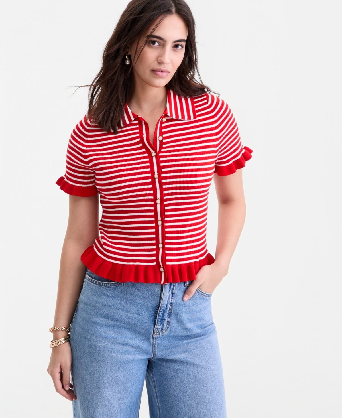 Click here for On 34th Womens Short-Sleeve Ruffle-Trim Collared C... prices